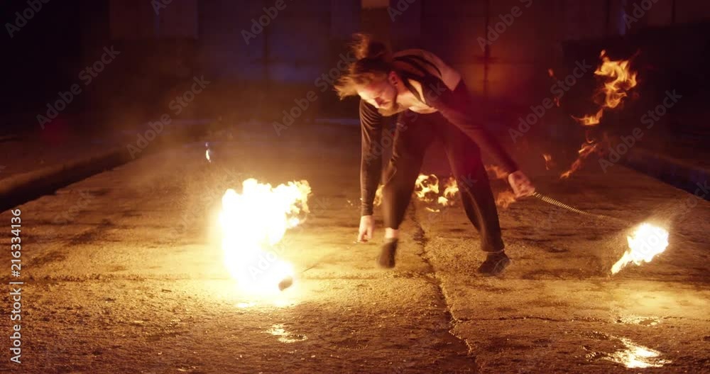 Male Acrobat Spinning Flaming Fire Torch Explosion At Night Playing ...