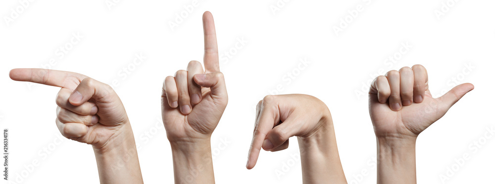 Set of hands pointing left, up, down and right, isolated on white ...