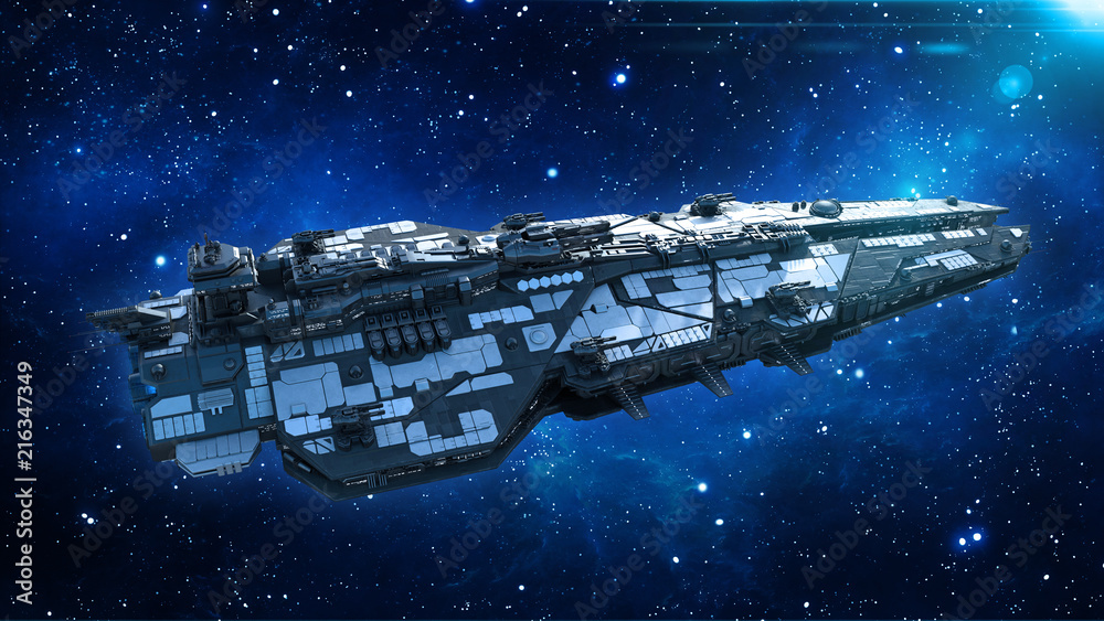 Alien spaceship in the Universe, spacecraft flying in deep space with ...