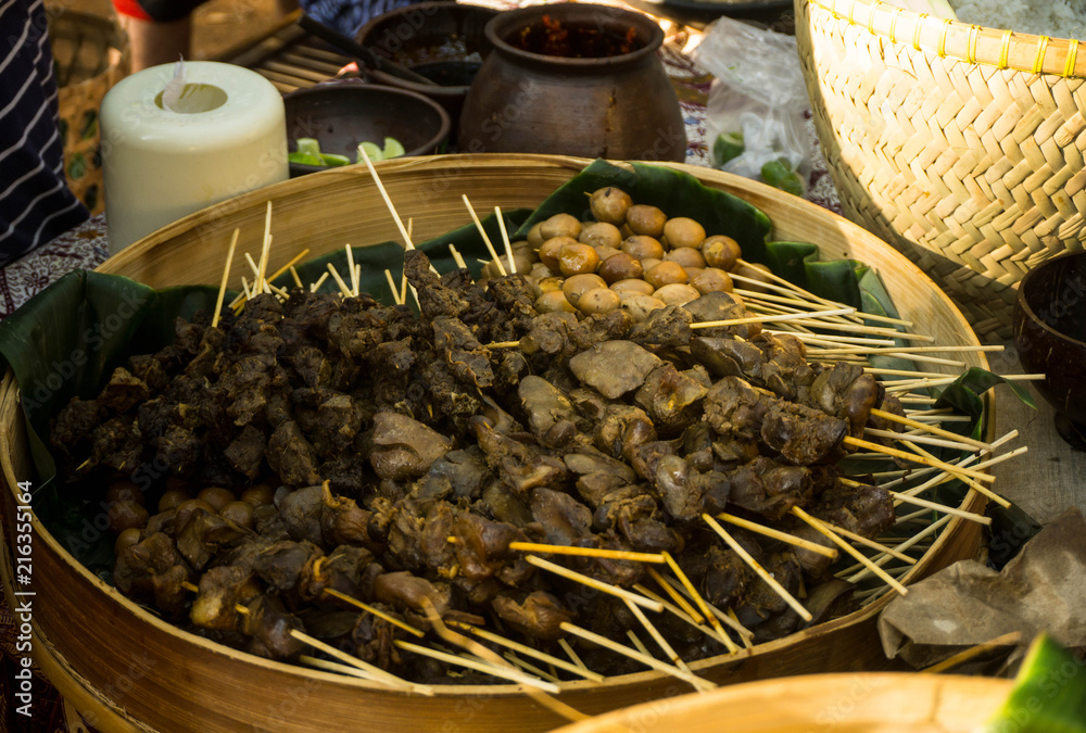 Sate Usus, Sate Telur Puyuh, Sate Kerang. Skewered food dish of chicken ...