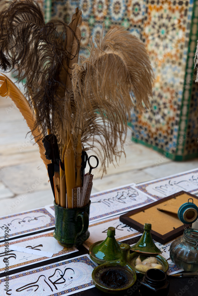 desk and tools of arabic calligrapher, marrakech, morocco Stock Photo ...