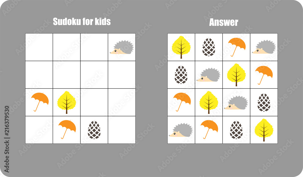 Sudoku game with autumn pictures (umbrella, leaf) for children, easy ...