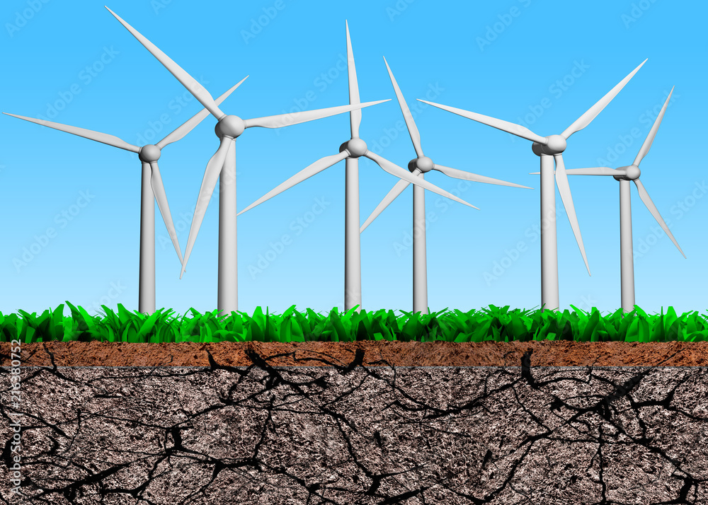 Wind turbines on cross section of grass and dry cracked soil texture ...
