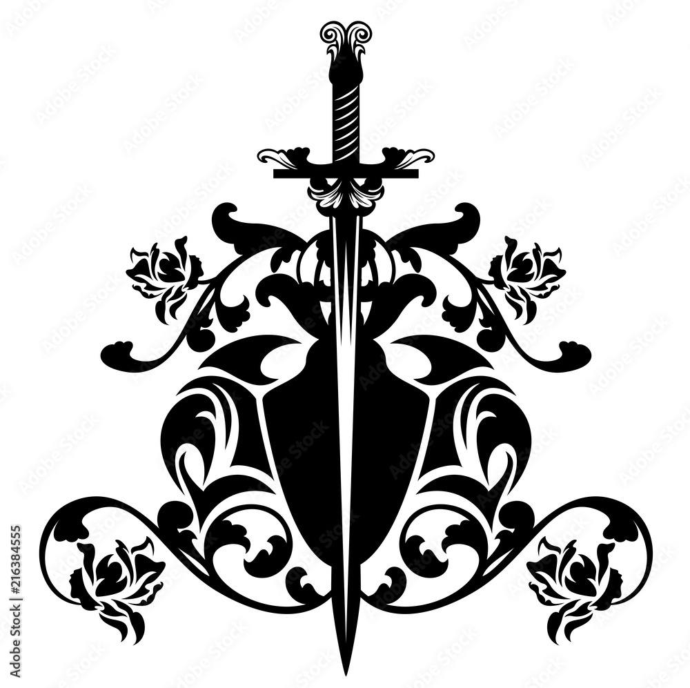 long sword among rose flowers - black and white vector heraldic emblem ...