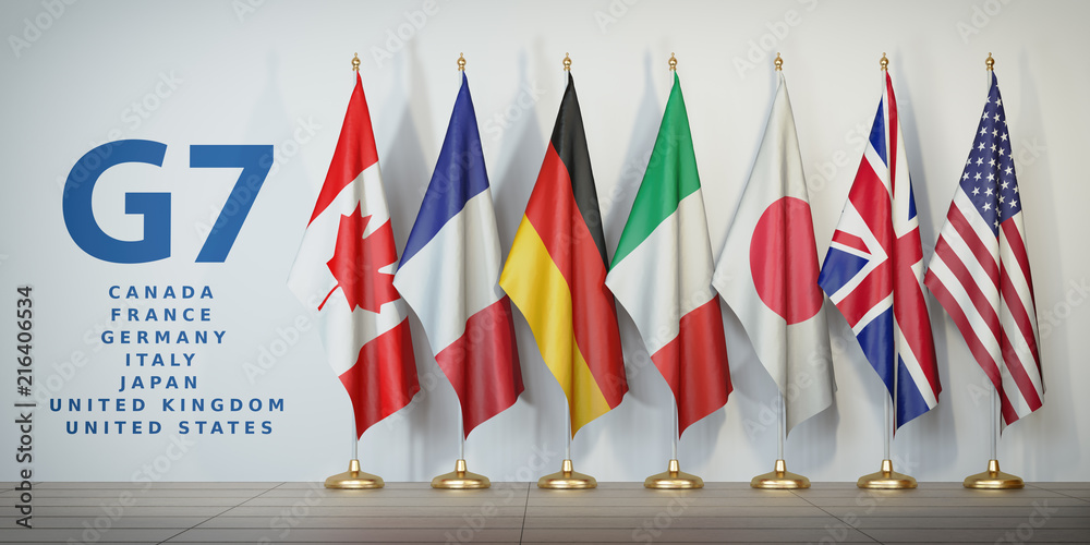 G7 summit or meeting concept. Row from flags of members of G7 group of ...