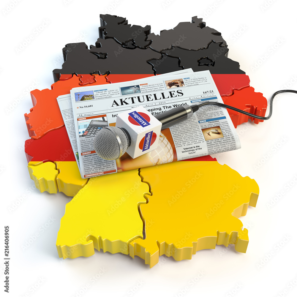 German news, press and journalism concept. Microphone and newspaper ...