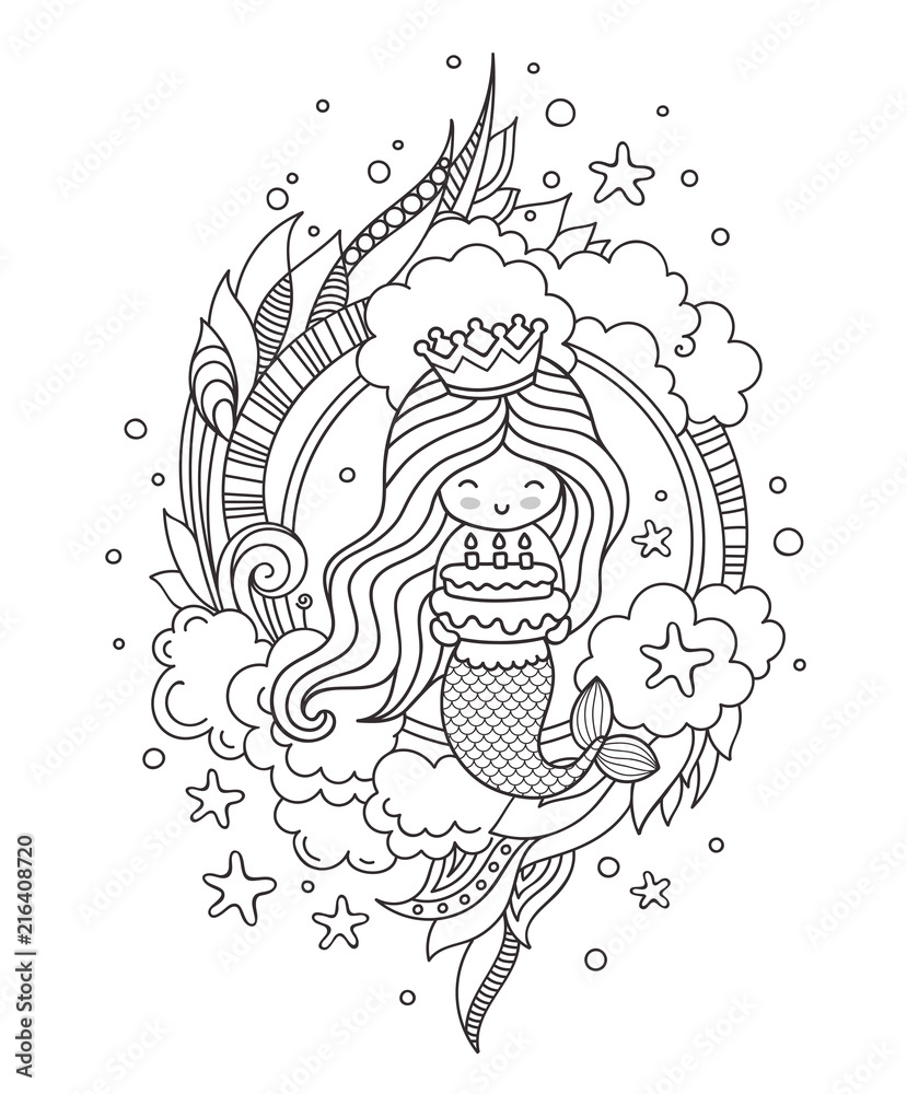 Portrait of mermaid with birthday cake. Cute little girl. Page for ...
