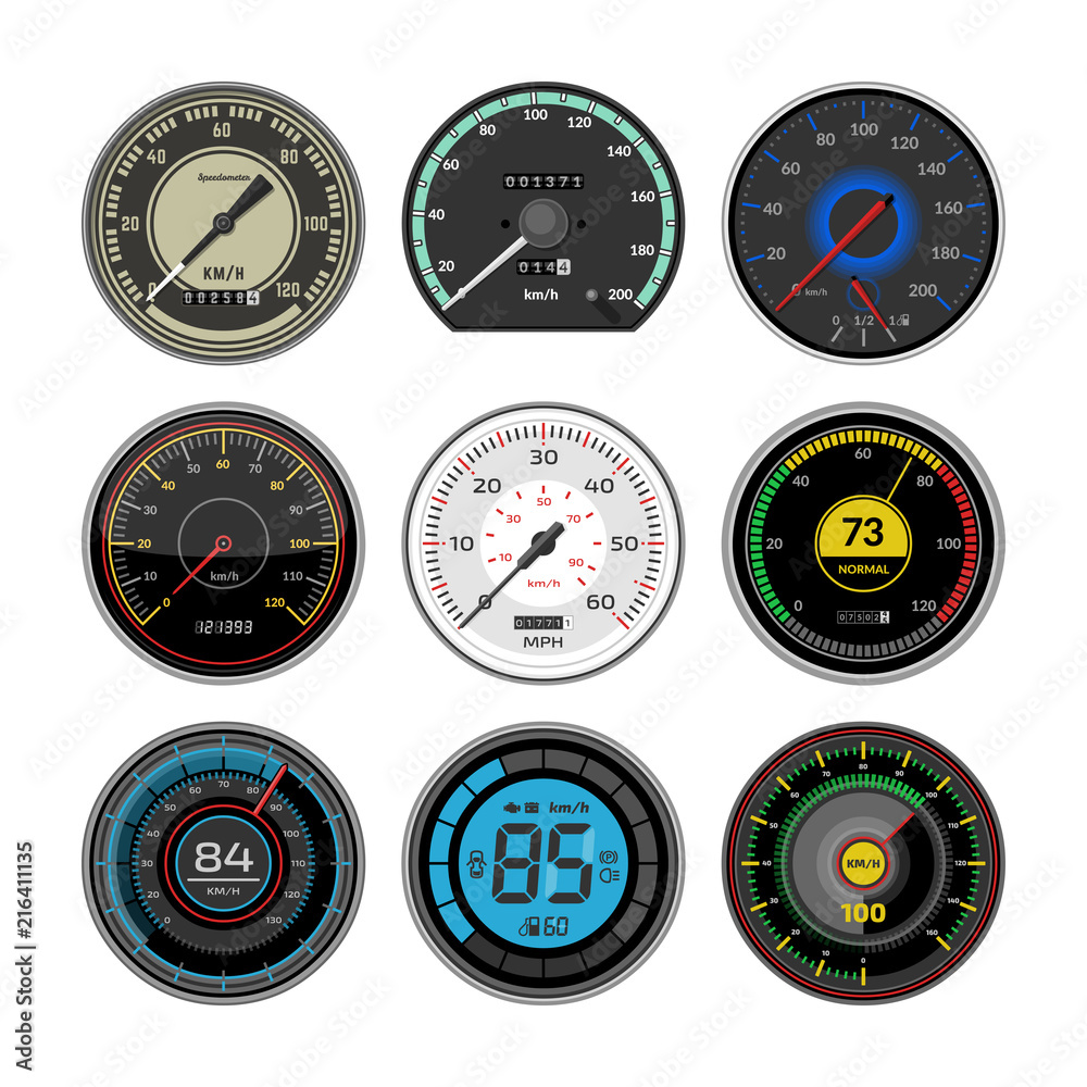 Speedometer vector car speed dashboard panel and speed-up power ...