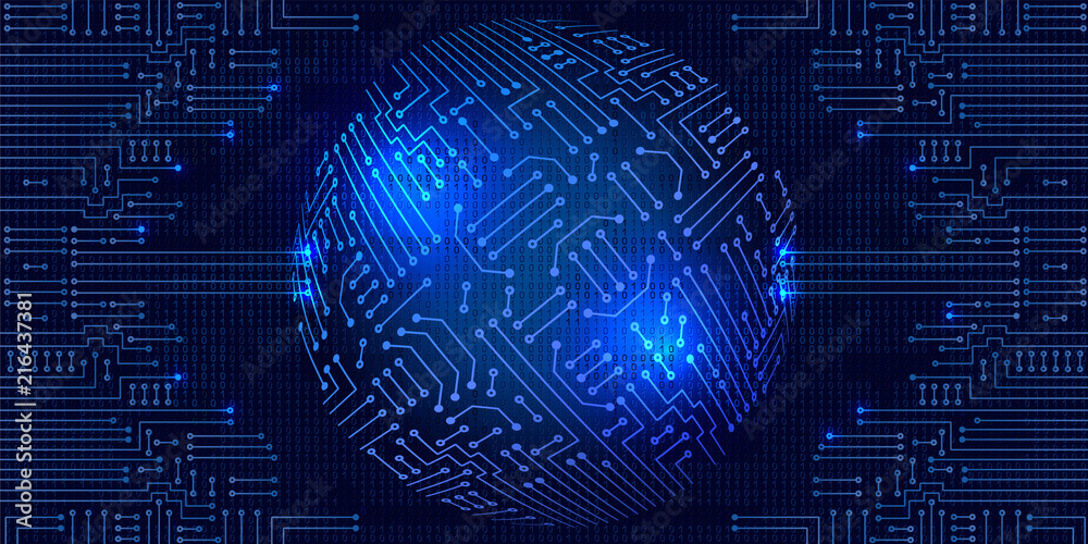 Electronic circuit with binary code and sphere Stock Vector | Adobe Stock