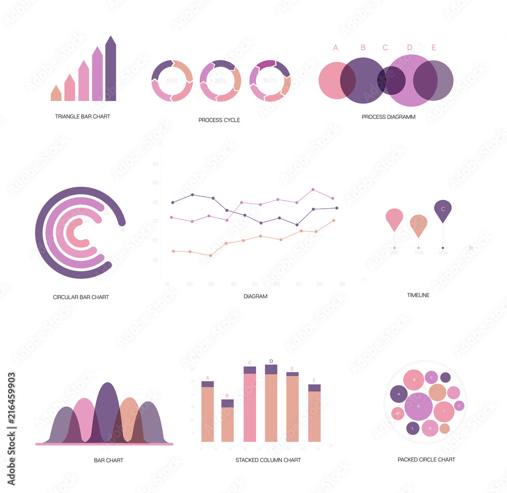 Infographic Elements, Timeline Presentation Vector Set. Pink, Purple ...