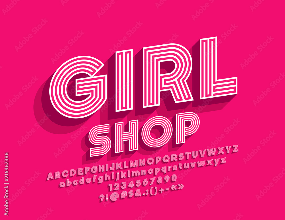 Vector Pink Logo Girl Shop. Glamour Abstract Font. 3D Isometric ...