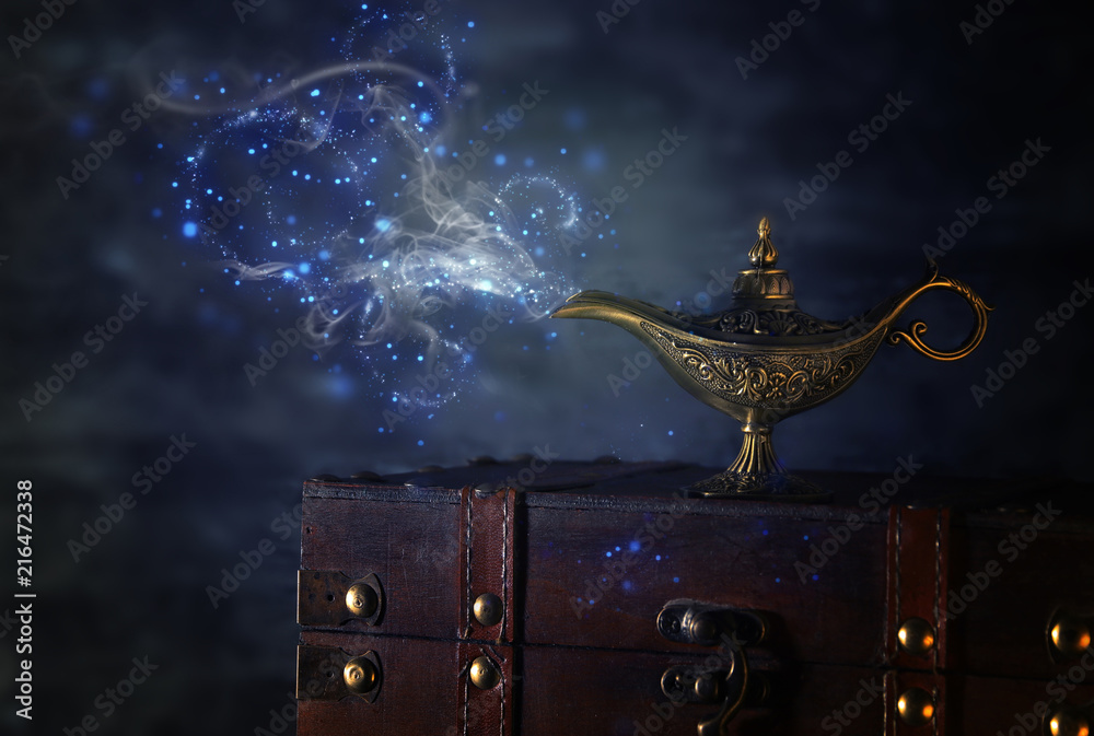Image of magical mysterious aladdin lamp with glitter sparkle smoke ...