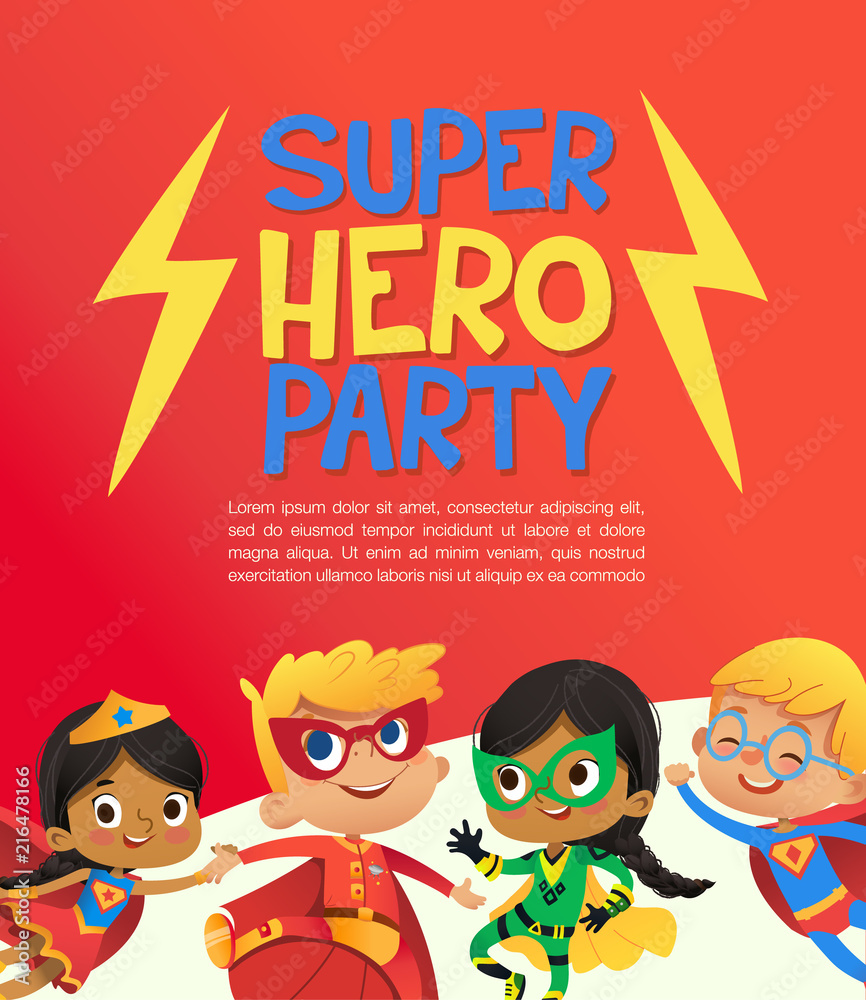 Joyous Multiracial kids in super hero outfit and balloons happily jump ...