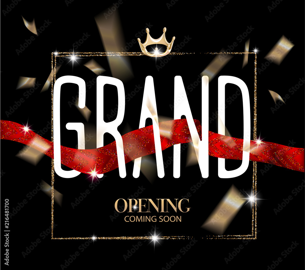 Grand opening invitation banner with red ribbon with pattern and gold ...
