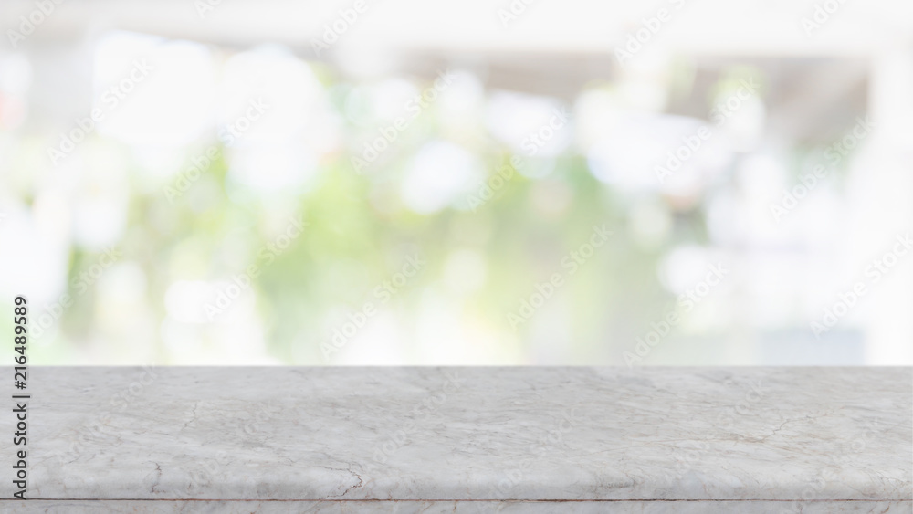 Empty white marble Stone table top and blurred restaurant interior ...