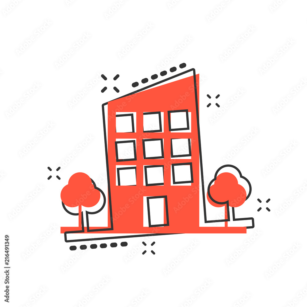 Vector cartoon building with trees in comic style. House sign ...