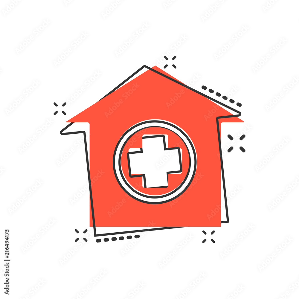 Vector cartoon hospital building icon in comic style. Infirmary medical ...
