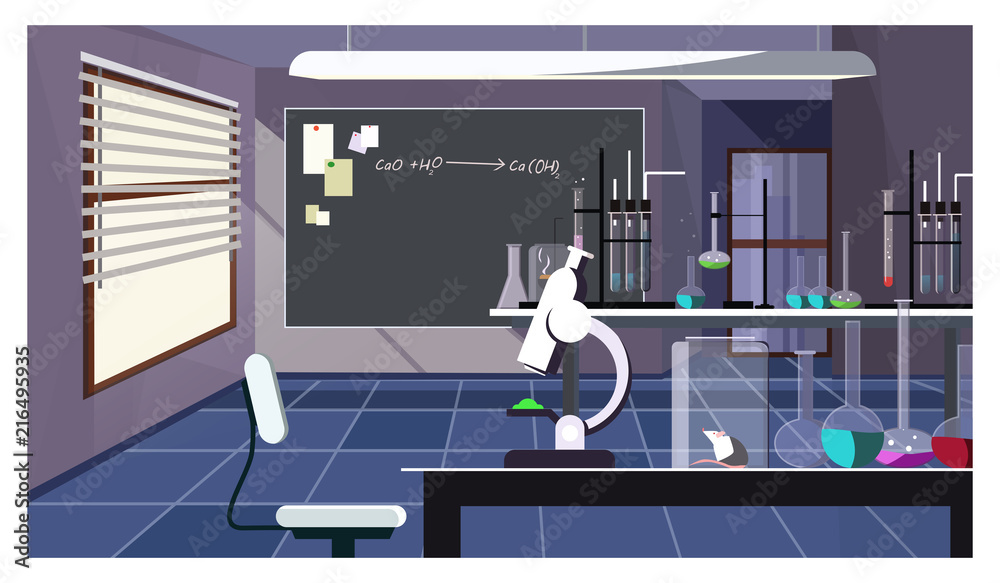 Dark laboratory room with glassware on table vector illustration ...