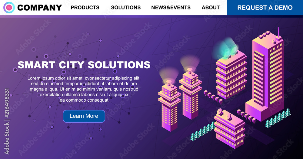 Smart city company landing page, isometric vector illustration. Glowing ...