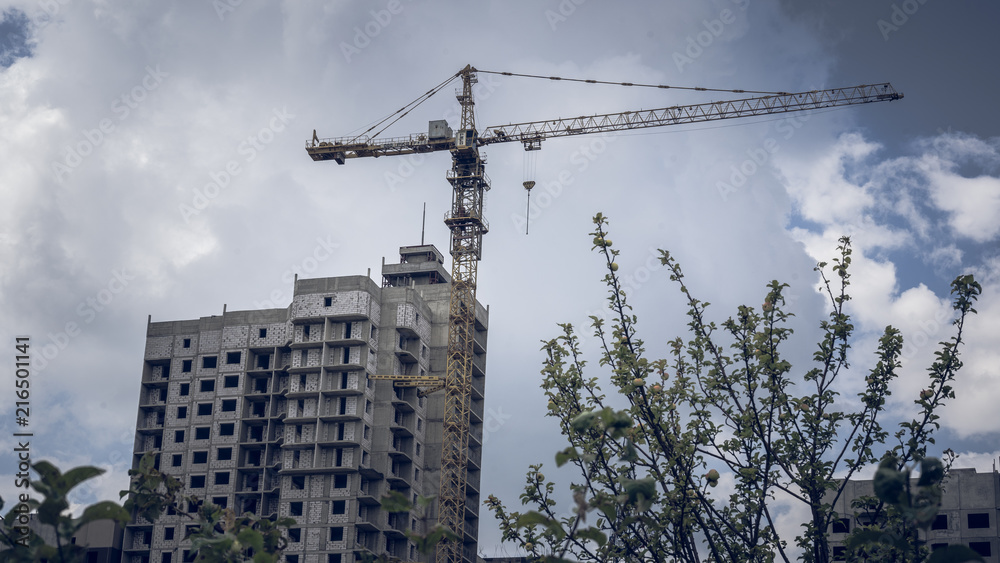 Construction of a high-rise building with a crane. Building ...