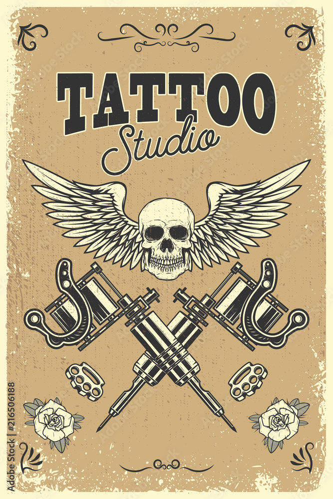 Tattoo studio poster template. Winged skull with crossed tattoo ...