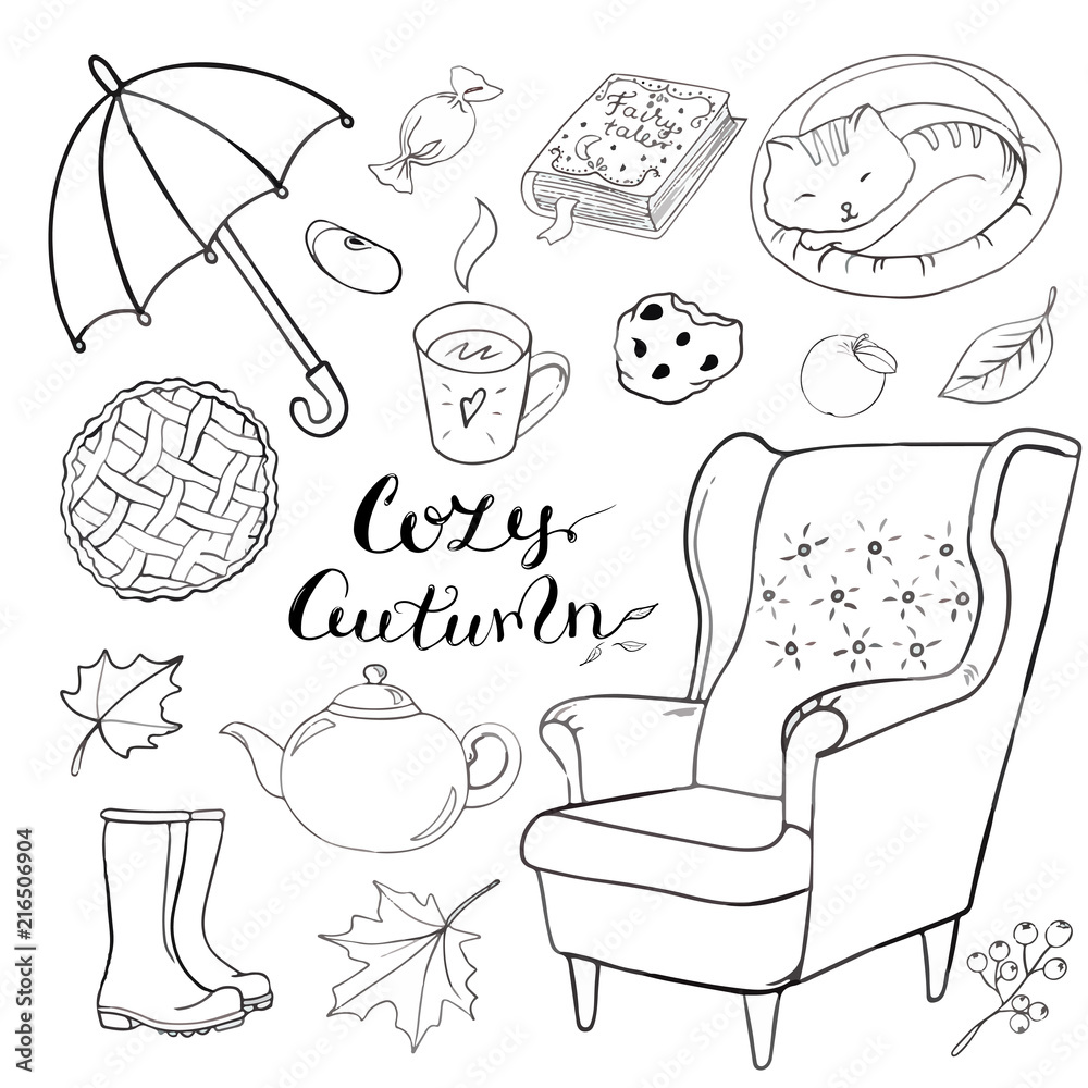 Set of hand drawn doodle elements about autumn. Cozy fall collection of ...