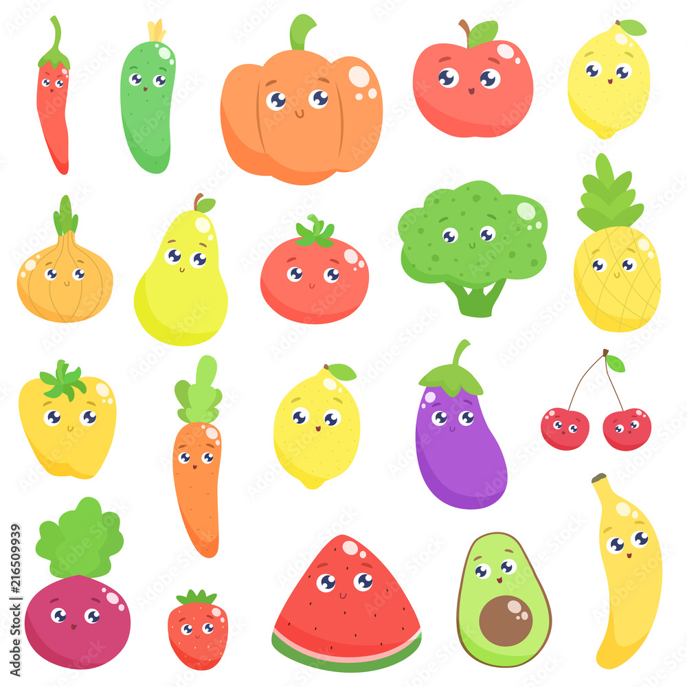Set of cute cartoon fruits and vegetables. Vector flat illustration ...