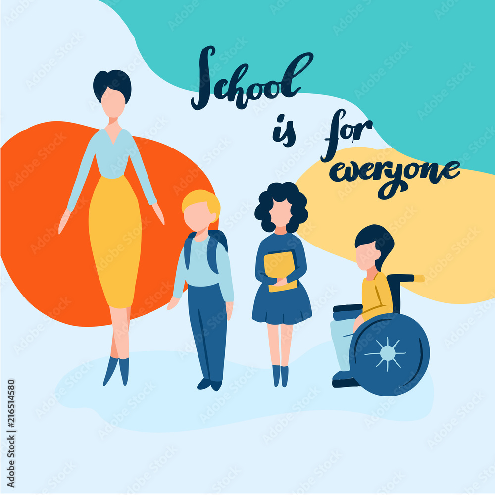 School is for everyone hand drawn lettering with flat people - teacher ...