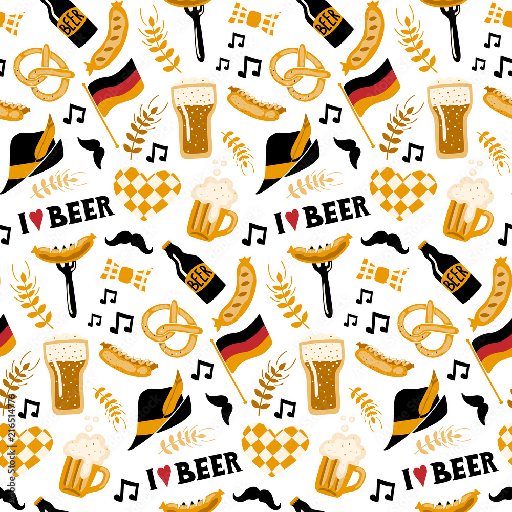 Hand drawn seamless pattern with traditional Beer fest attributes on ...