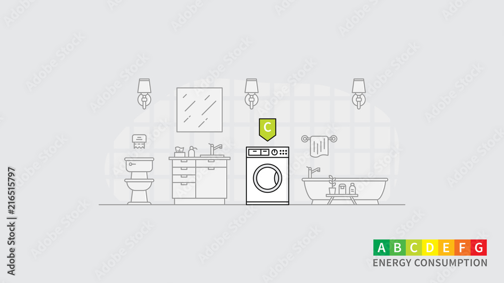 Energy consumption of washing machine vector illustration. Bathroom ...