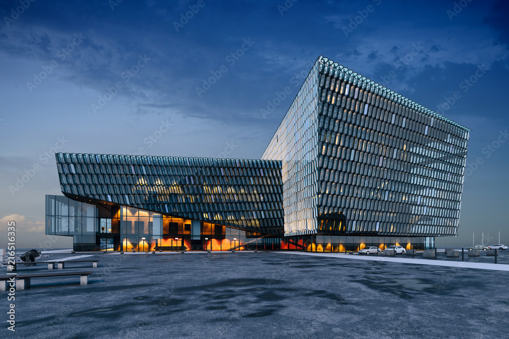 3d render, visualization of modern glass commercial building Stock ...