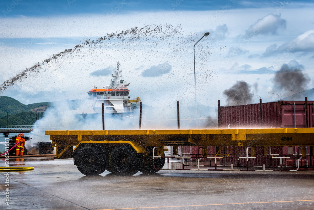 Container Truck crash accident on the road in the port and fire burning ...