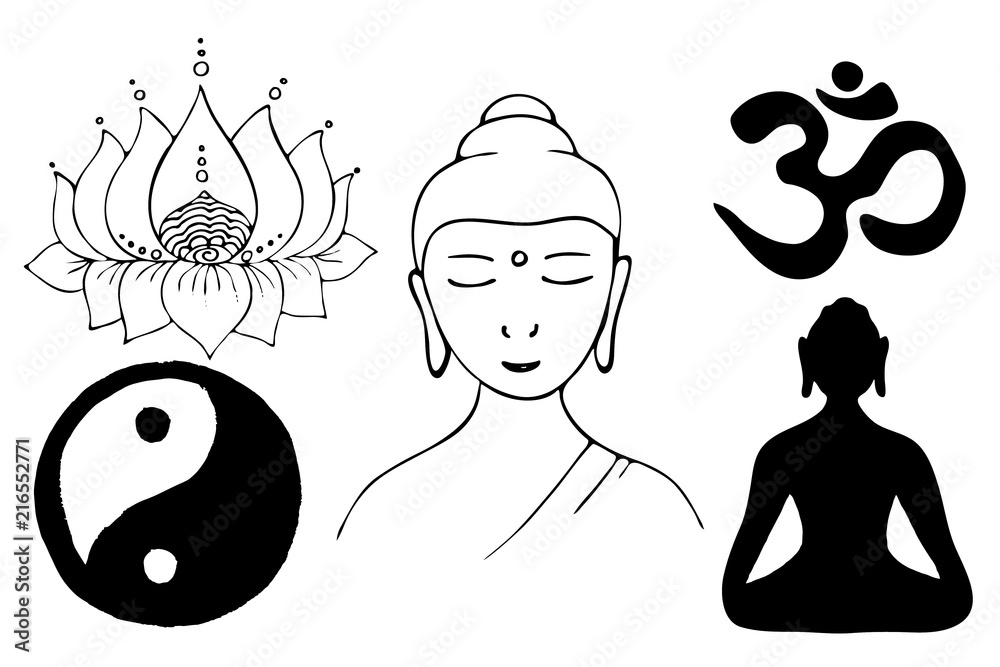 Buddhist symbols. Meditating Buddha, Lotus, Yin Yang symbol, Om symbol ...