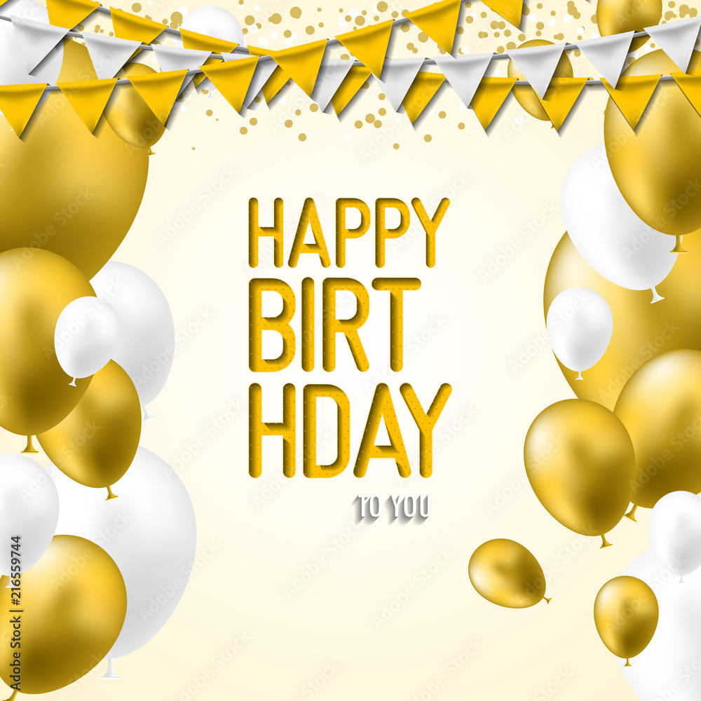 Happy Birthday Greeting Card with golden white balloons and happy ...