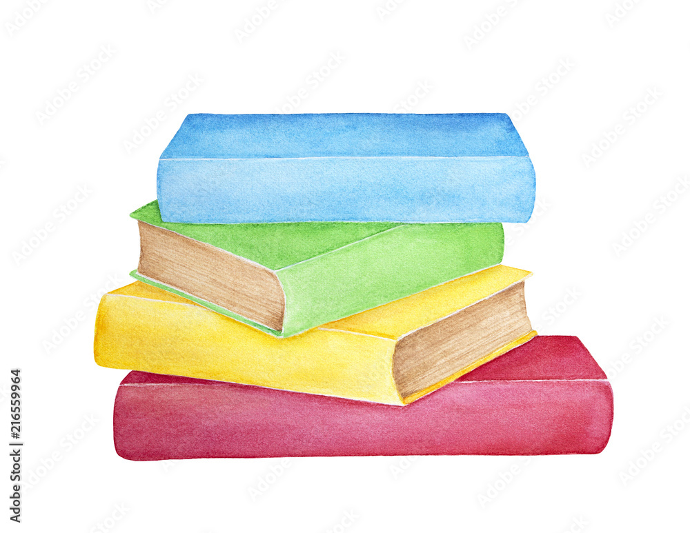 Pile of four colorful different books. Clean bright covers; red, yellow ...