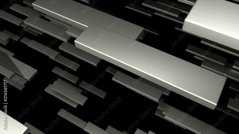 Many 3D metallic blocks are in space, computer generated modern ...