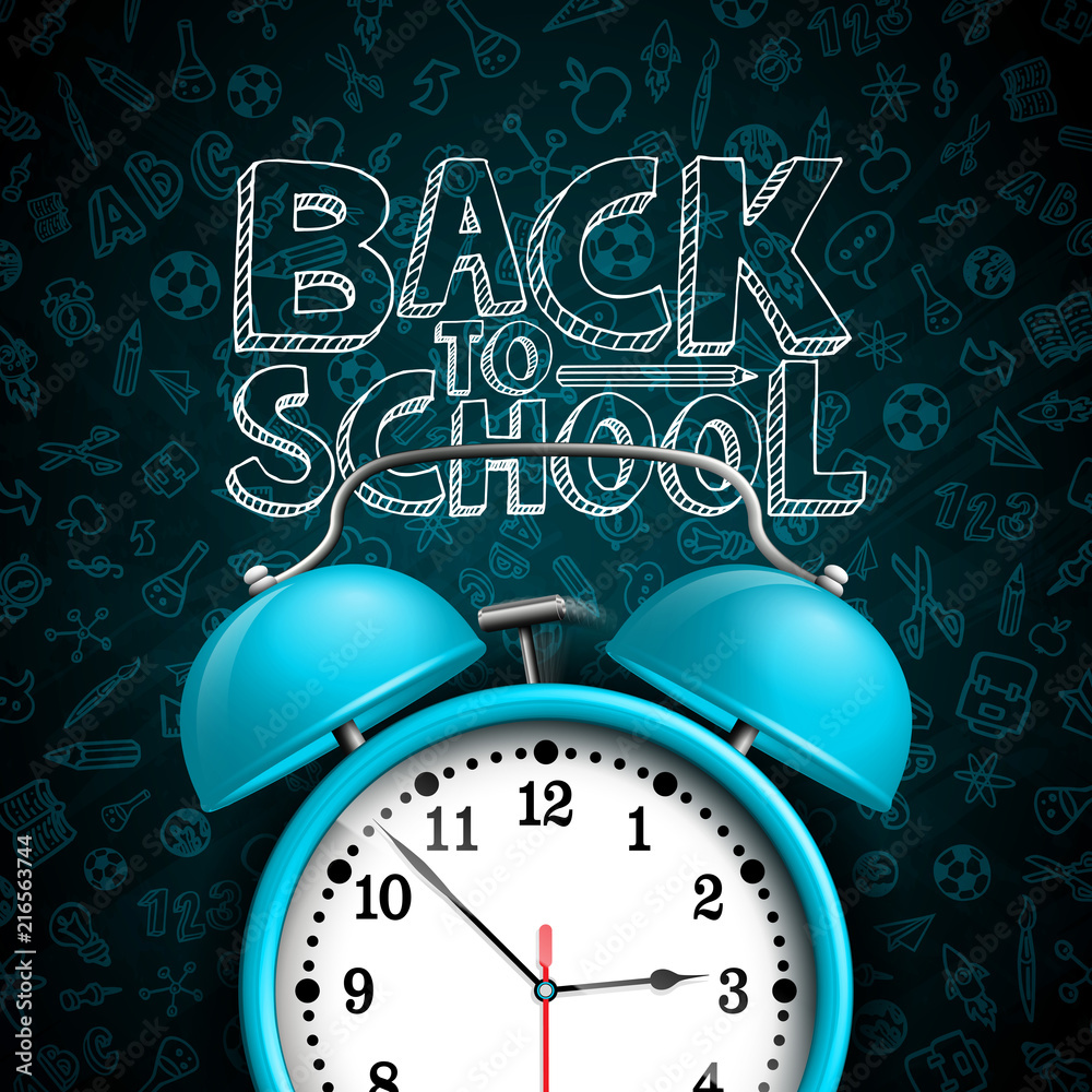 Back to school design with alarm clock and hand drawn doodles ...
