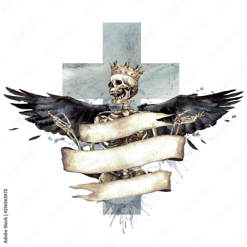 Human Skeleton decorated with ribbon banner. Watercolor Illustration ...