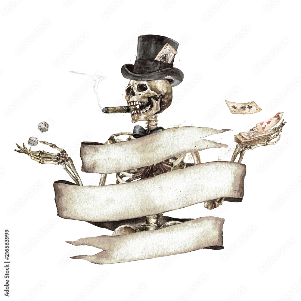 Human Skeleton decorated with ribbon banner. Watercolor Illustration ...