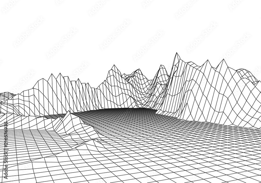 Wireframe 3D landscape mountains. Futuristic 3D cartography. Wireframe ...