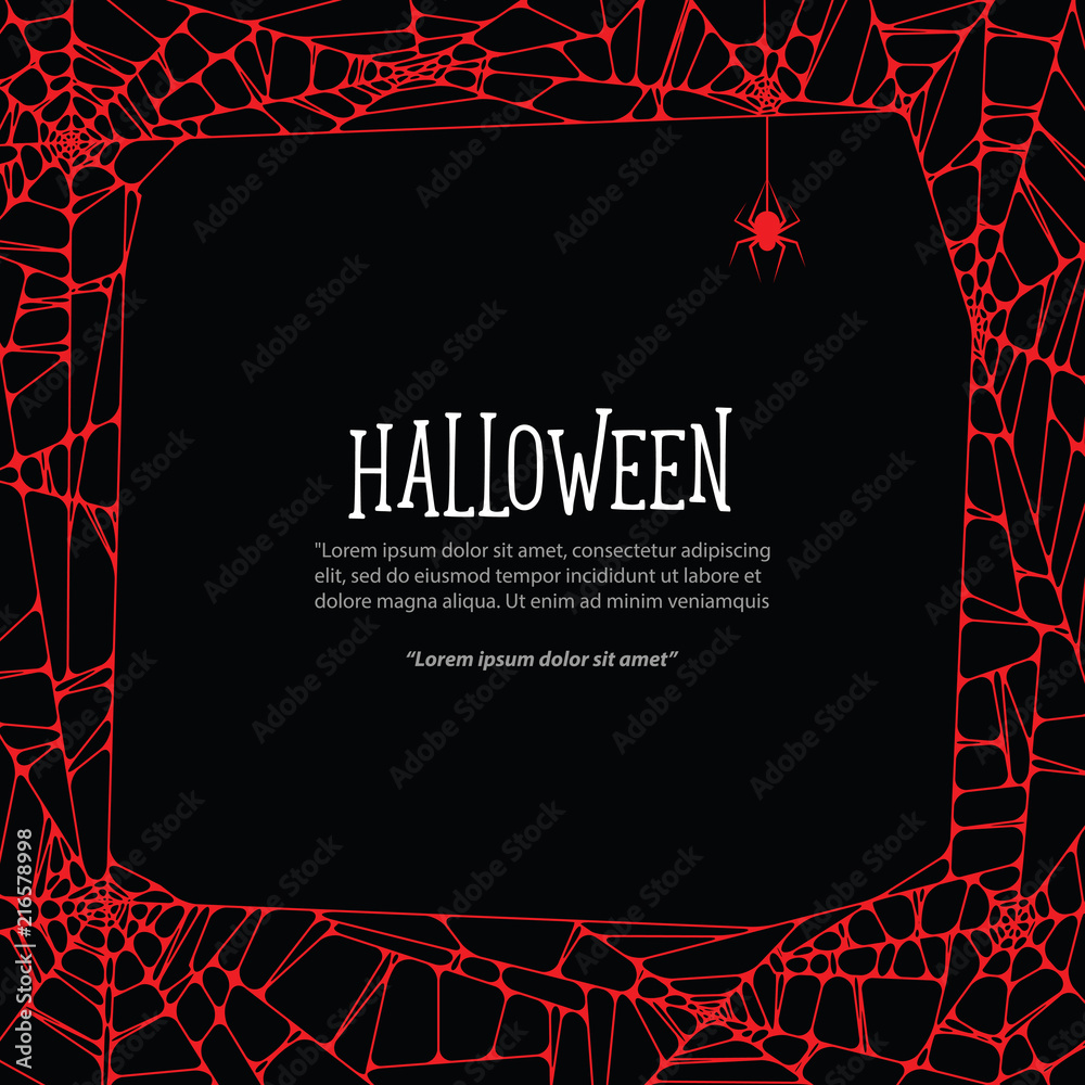 Halloween square frame red cobweb and spider on black background ...