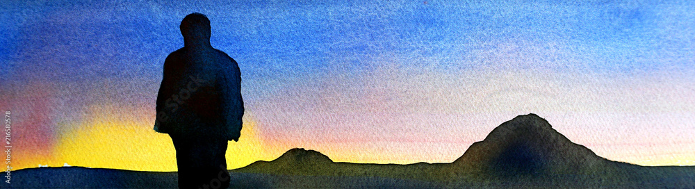 watercolor landscape with silhouette of person standing in front of ...