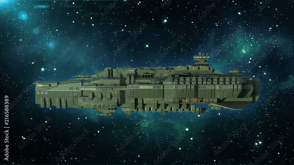 Alien spaceship in deep space, spacecraft flying in the Universe with ...