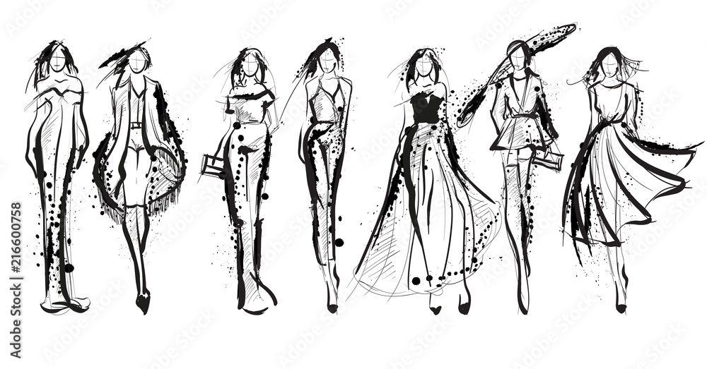 Sketch. Fashion Girls on a white background. Vector illustration. Stock ...