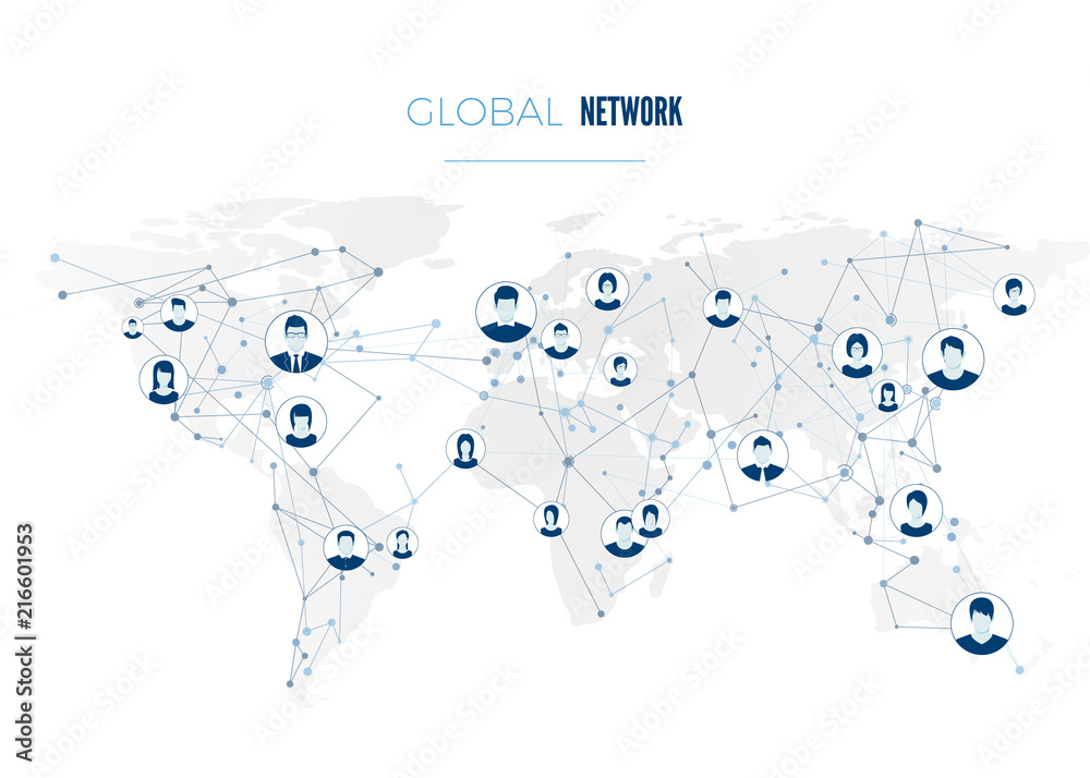 Global social network connection. User avatars connected to the ...