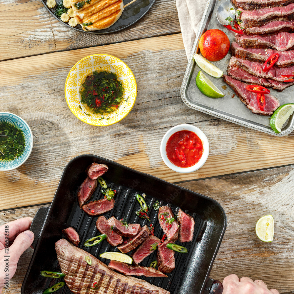 Top view dinner table Beef steak grill chicken steak sunny evening ...