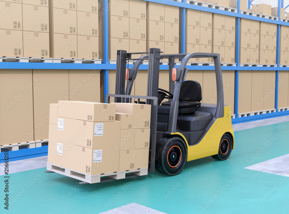 Electric forklift with cardboard boxes in modern distribution center ...