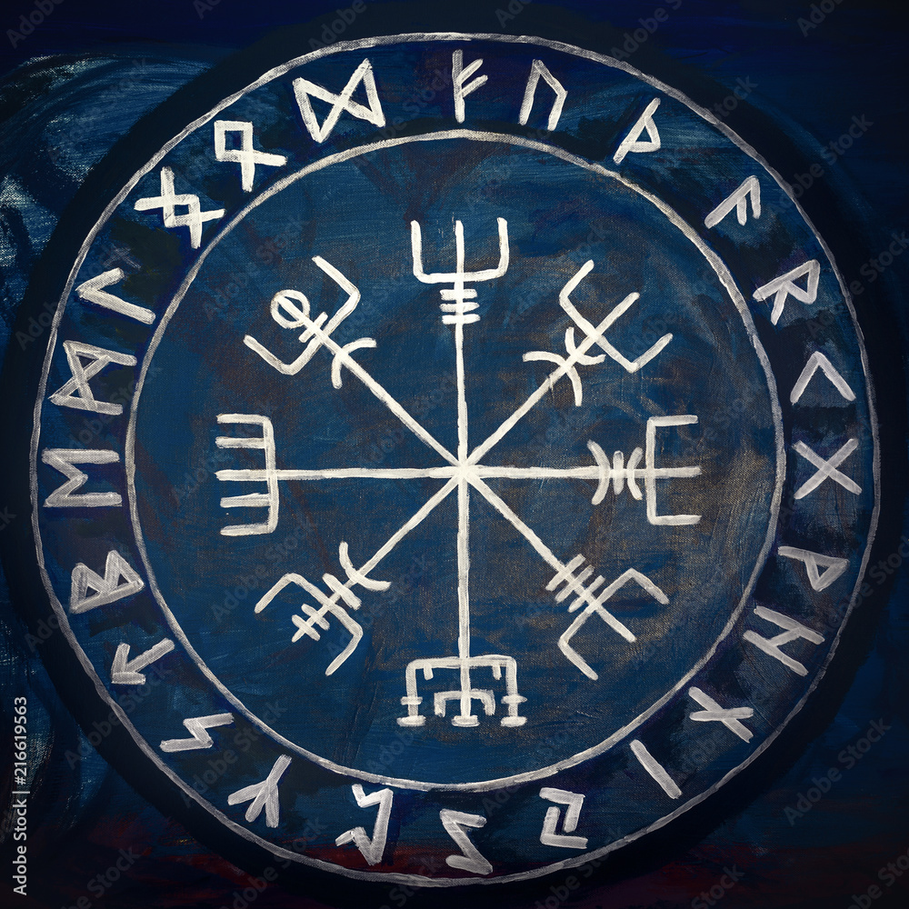 Handpainted Vegvisir, viking compass, protecting runes Stock Photo ...