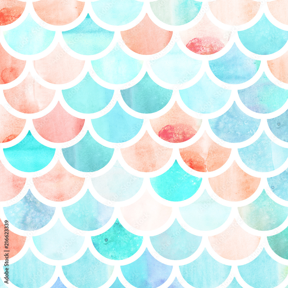 Mermaid scales. Watercolor fish scales. Bright summer pattern with ...