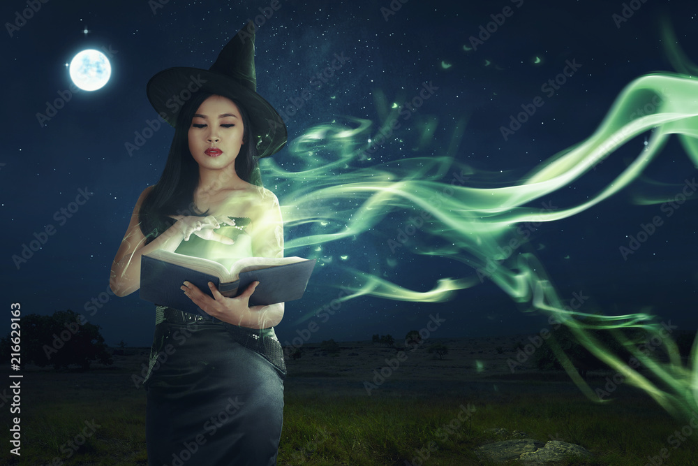 Beautiful asian witch woman learning the magic spell from book Stock ...